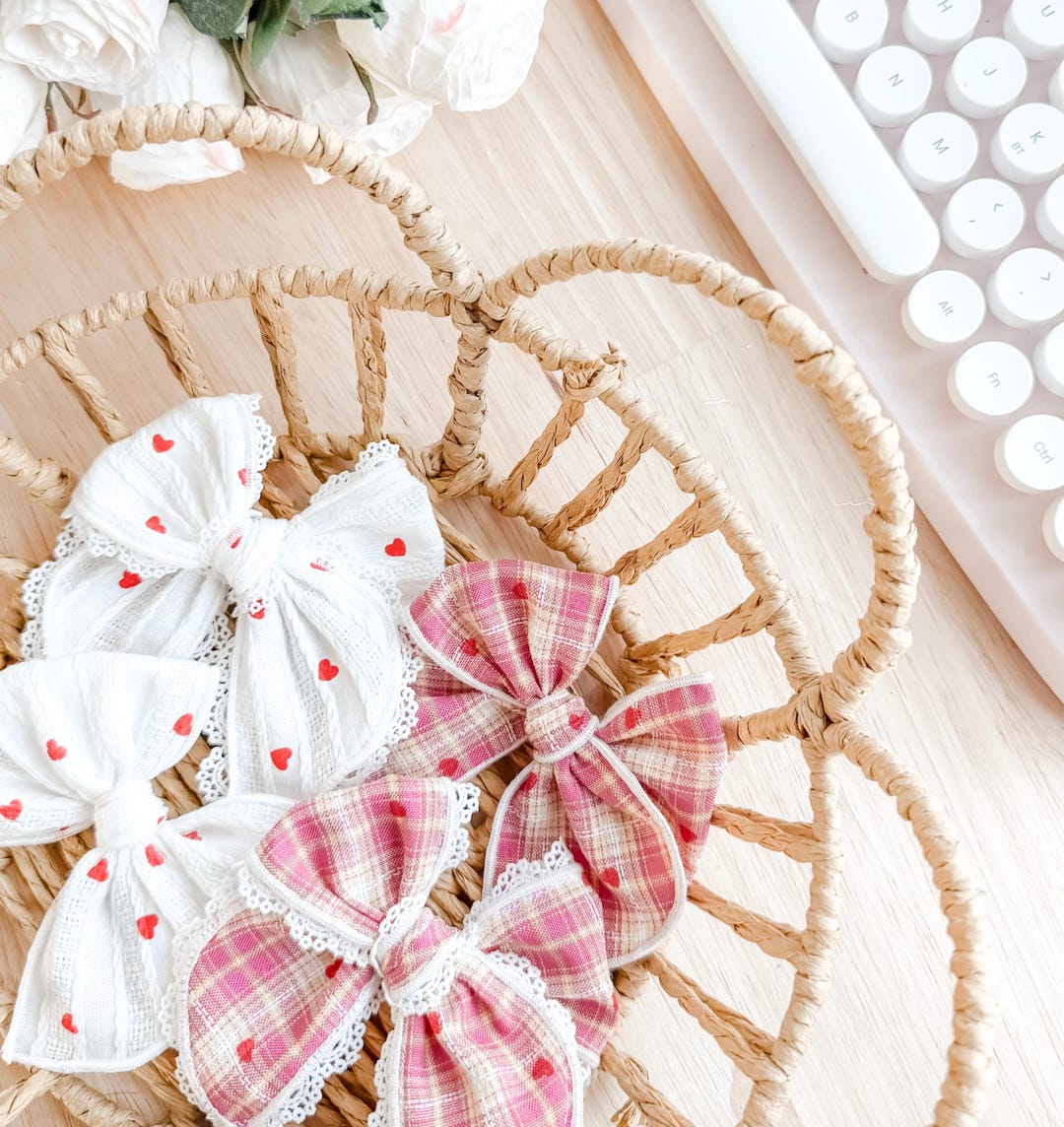 White Textured and Pink Plaid Heart Fable Bow - Red Heart Bow - White ...
