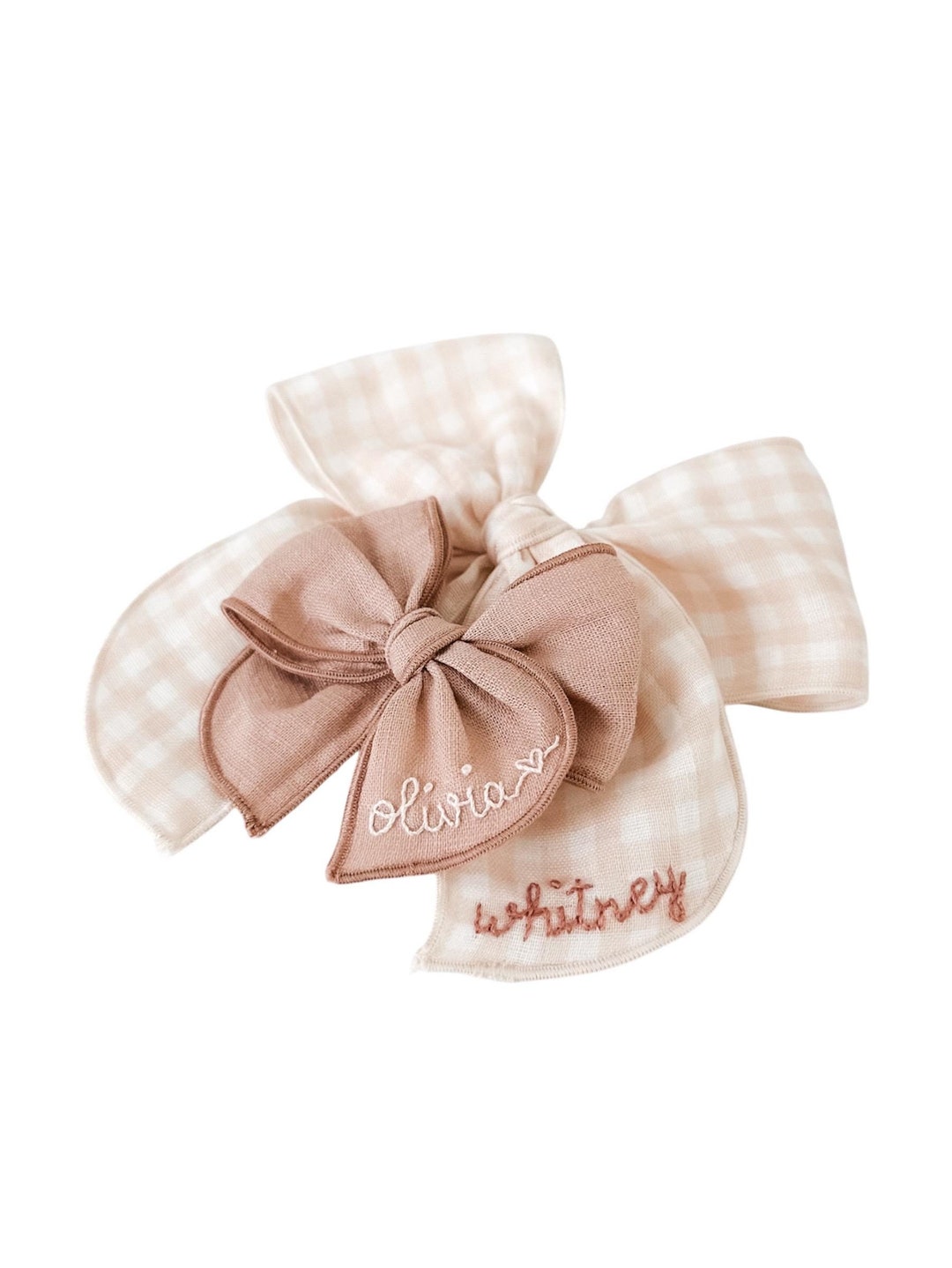 Custom Hand-embroidered Name Bow - Embroidered Heart Bow - Gingham Bow ...