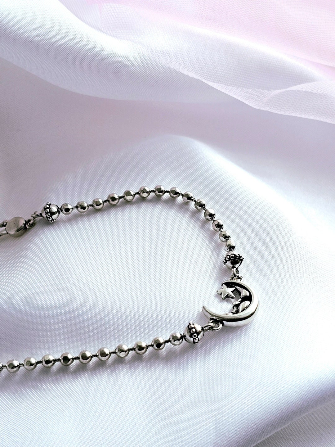 Crescent Moon Star Sterling Silver Adjustable Beaded Chain - Etsy