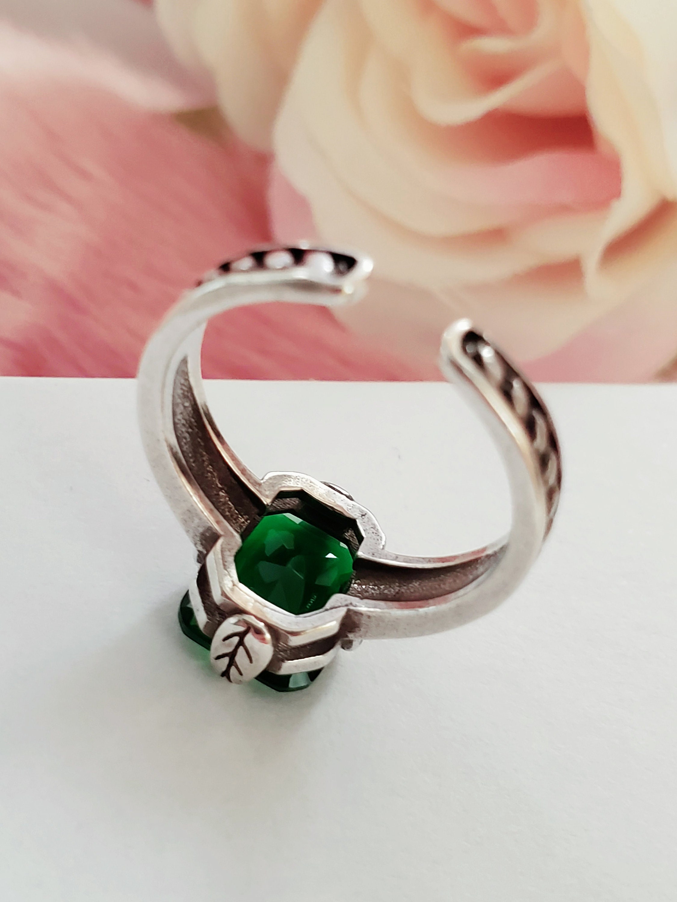 Green crystal stone 925 Sterling Silver ringAdjustable leaf | Etsy