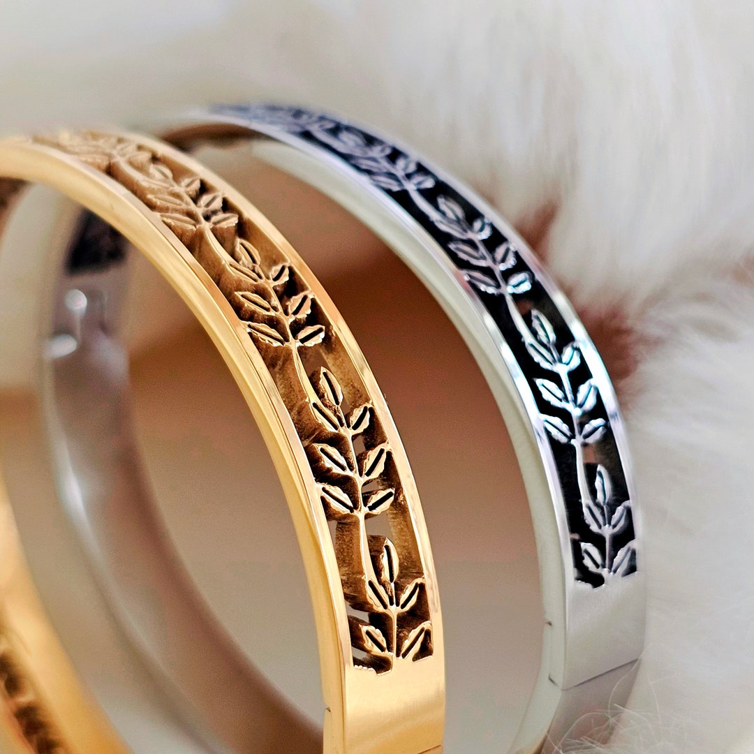 Tarnishfree Leaf Carved 18k Gold,sterling Silver Bangle Cuff Hinged ...