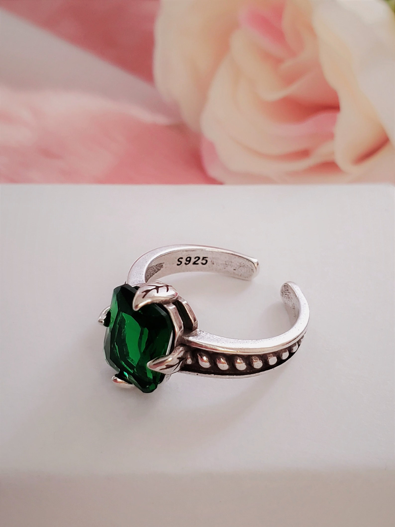 Green crystal stone 925 Sterling Silver ringAdjustable leaf | Etsy