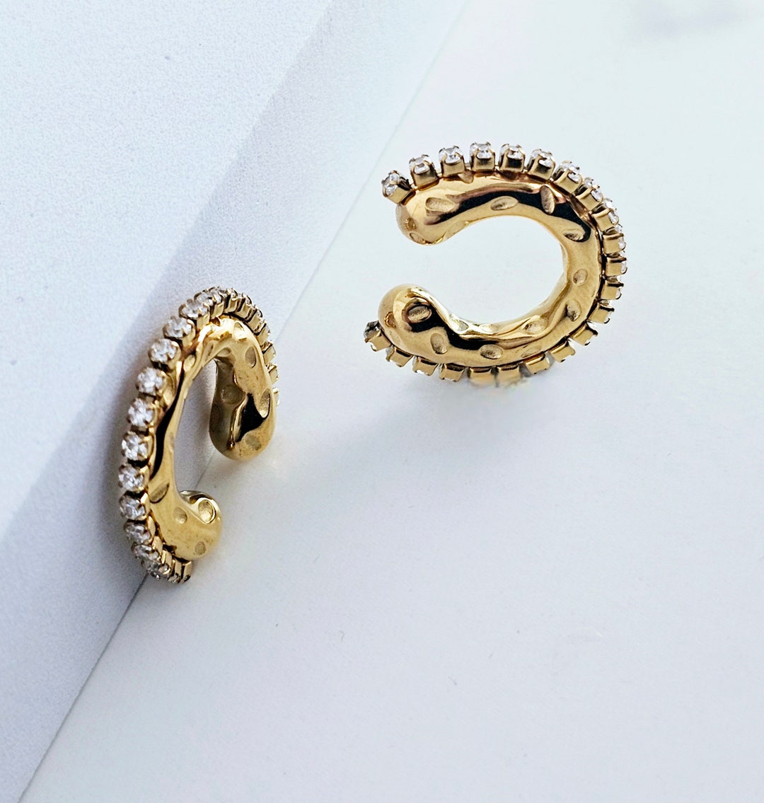 18k Gold Hammered Ear Cuffs Fake Helix Piercing,cubic Zirconia Spiked ...