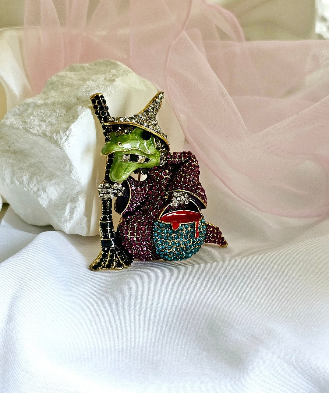 Green Witch Broom Bucket Halloween Enamel Brooch Quirky Fun Brooch ...