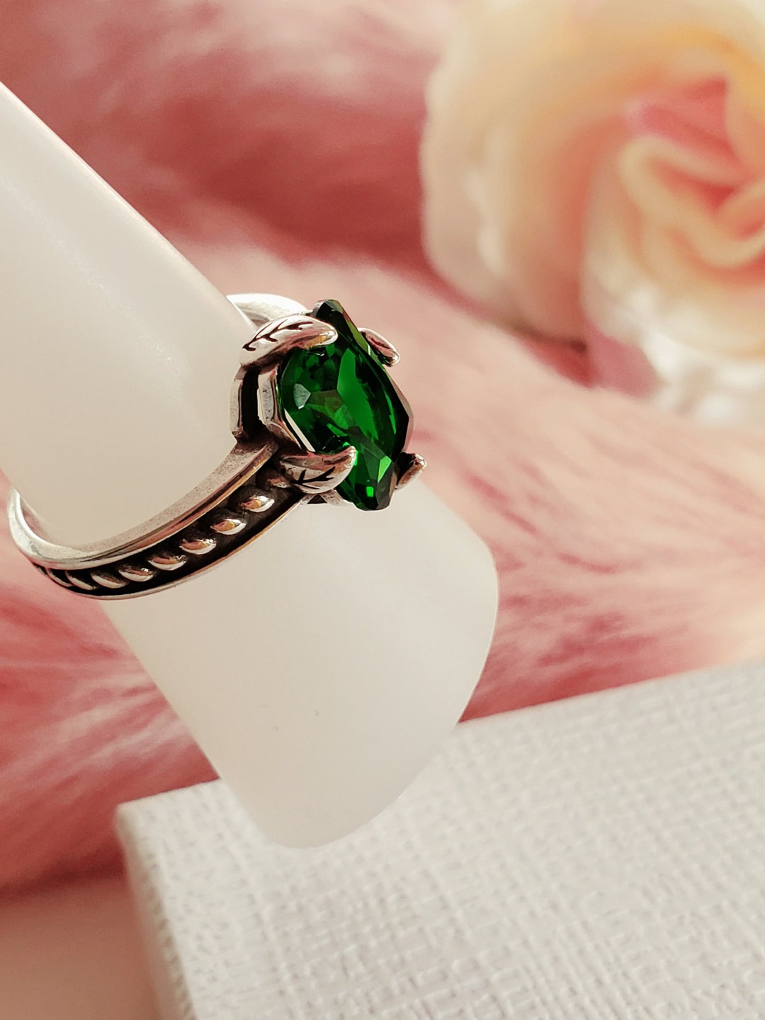 Green Crystal Stone 925 Sterling Silver Ring,adjustable Leaf Ring,semi ...