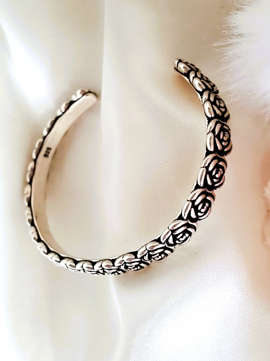 Floral Rose Textured 925 Sterling Silver Adjustable Bracelet,textured ...