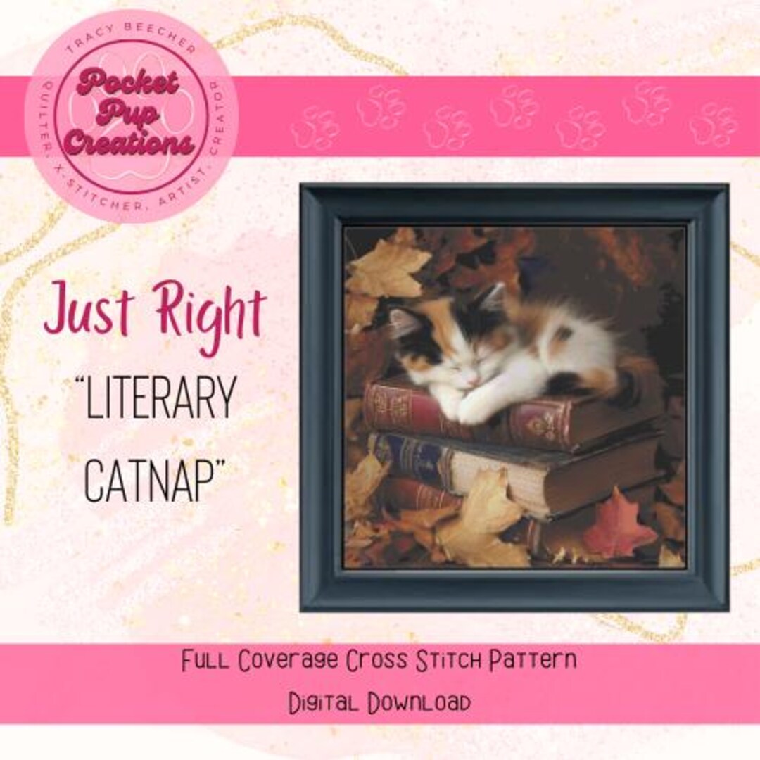Literary Catnap Just Right Size Full Coverage Cross Stitch, Instant PDF ...