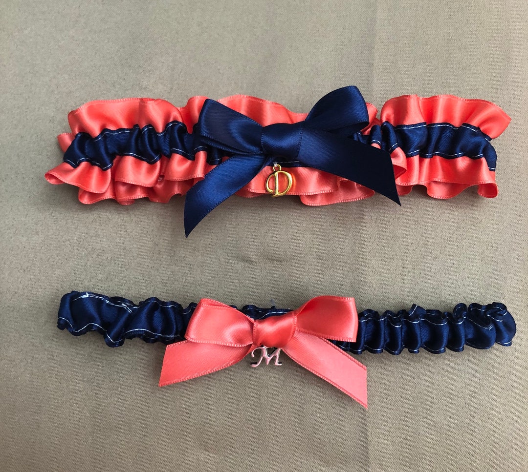 Navy & Coral Garters, Boho Garters, Personalized Garter, Monogram ...
