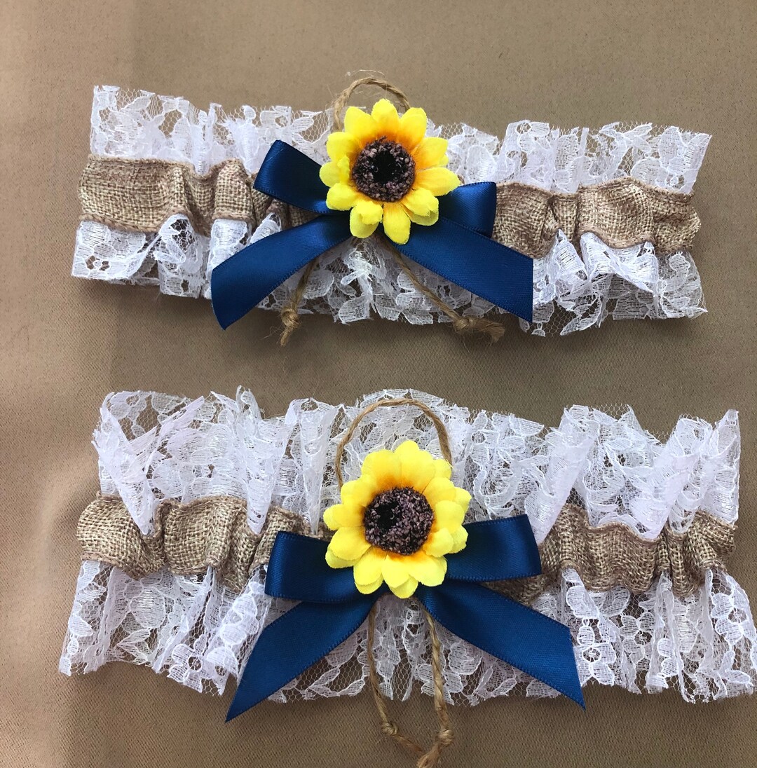 Navy Blue, Burlap, Sunflower and Lace Garter, Boho Garter, Country Chic ...