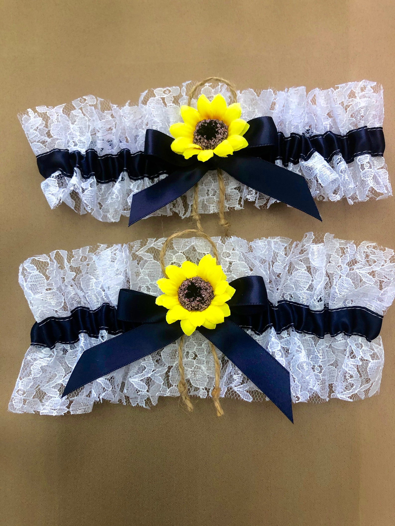 Sunflower Navy Jute and Lace Garters Boho Garters Country | Etsy