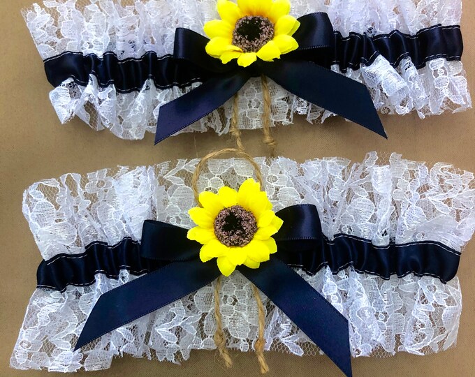 Sunflower, Navy, Jute and Lace Garters, Boho Garters, Country Wedding ...