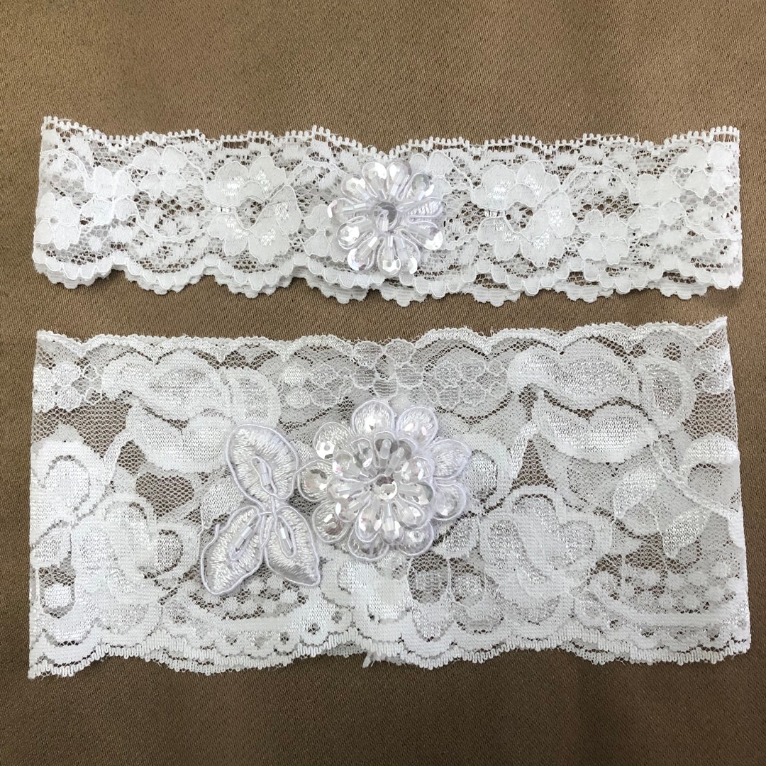 Bridal White Stretch Lace Garter, White Sequin Appliqués, White Wedding ...