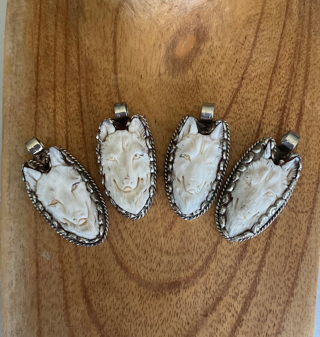 Carved Wolf Bone Pendant With Tibetan Silver Hand Carved Floral in the ...
