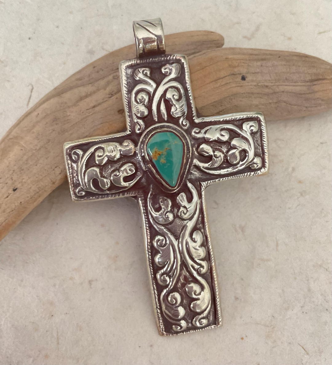 Handcrafted Tibetan Repouse Silver Cross Pendants With Natural ...