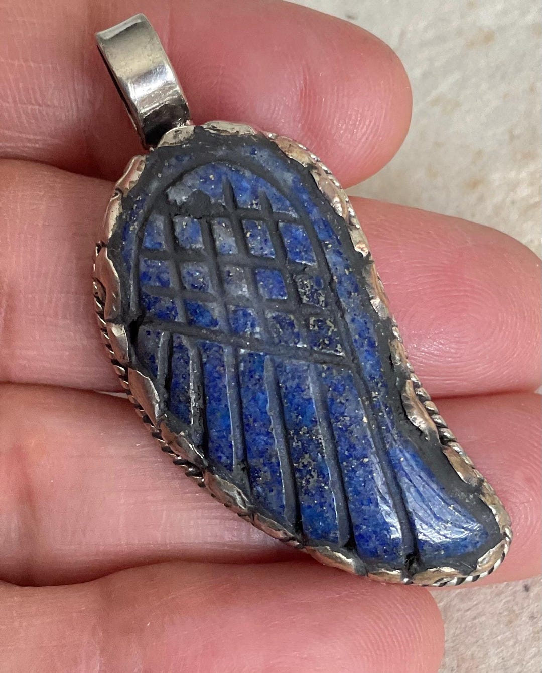 Carved Lapis Lazuli Wing/ Feather Pendant With Handcrafted Tibetan ...