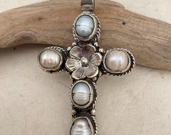 Cross Pendant With Natural Pearls and Tibetan Silver in Hand Crafted ...