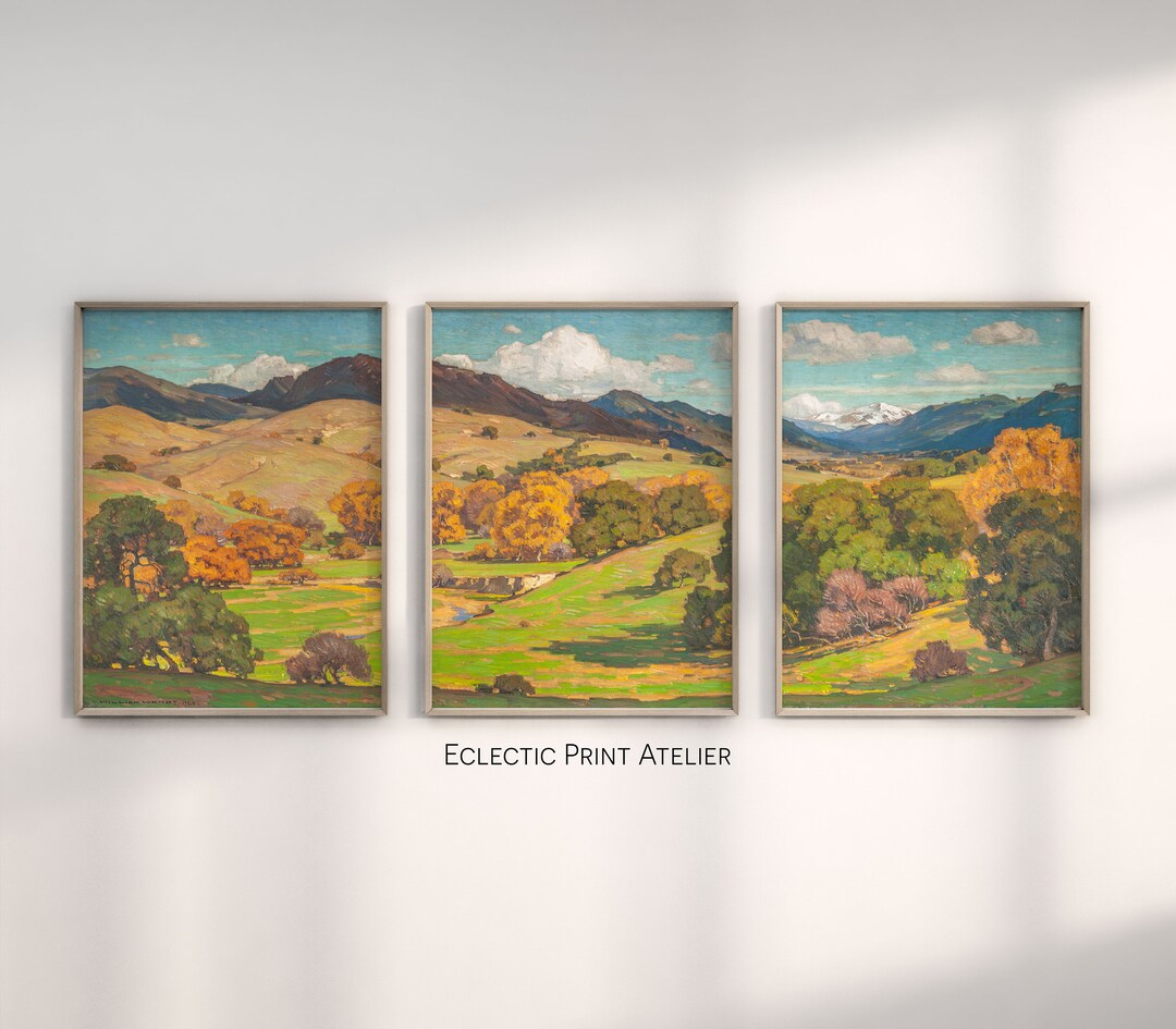Vintage Rustic Mountain Scene, Early Fall, Digital Triptych, Essential ...
