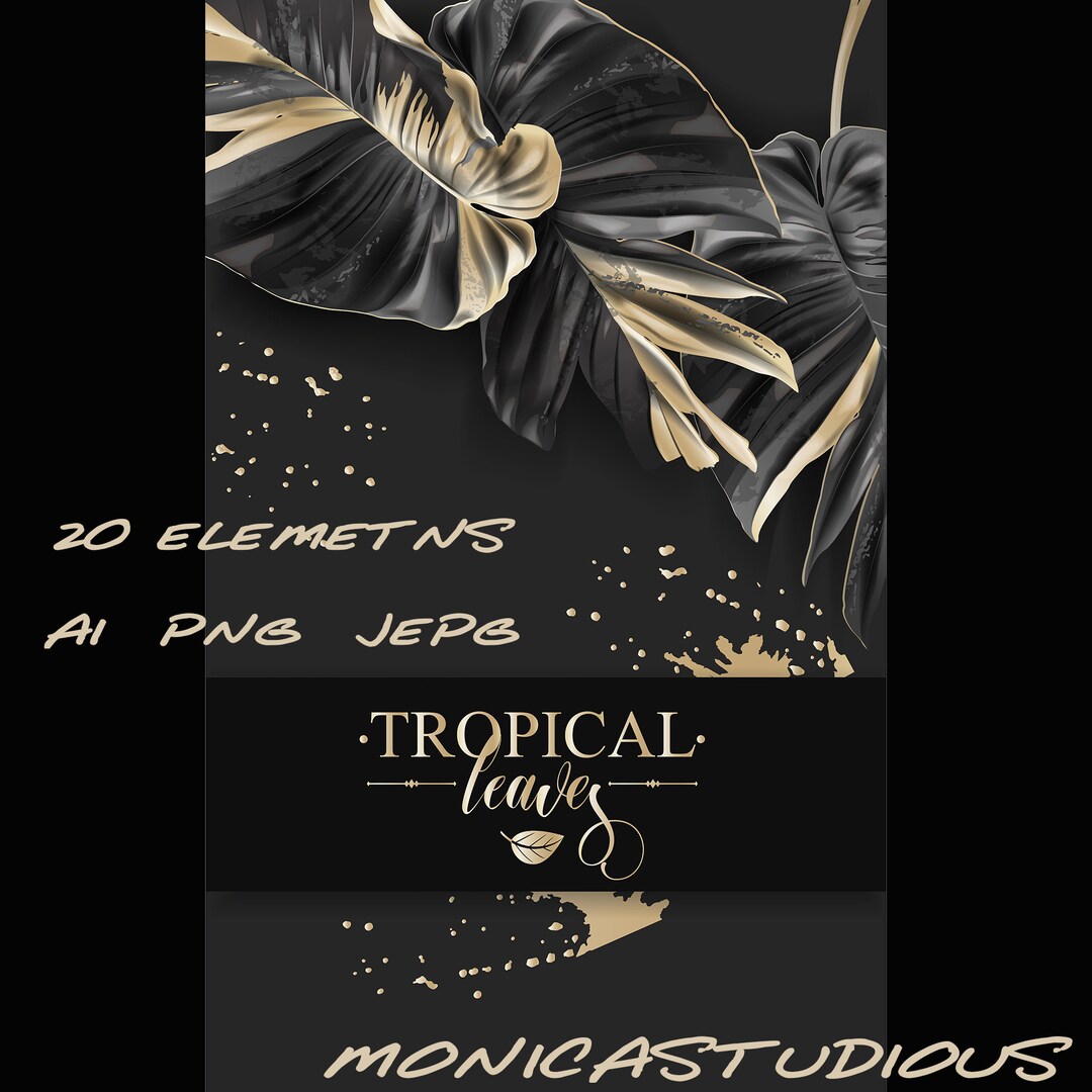 Black and Gold Tropical Leaves Clipart, Gold Foil Tropical Leaf PNG ...