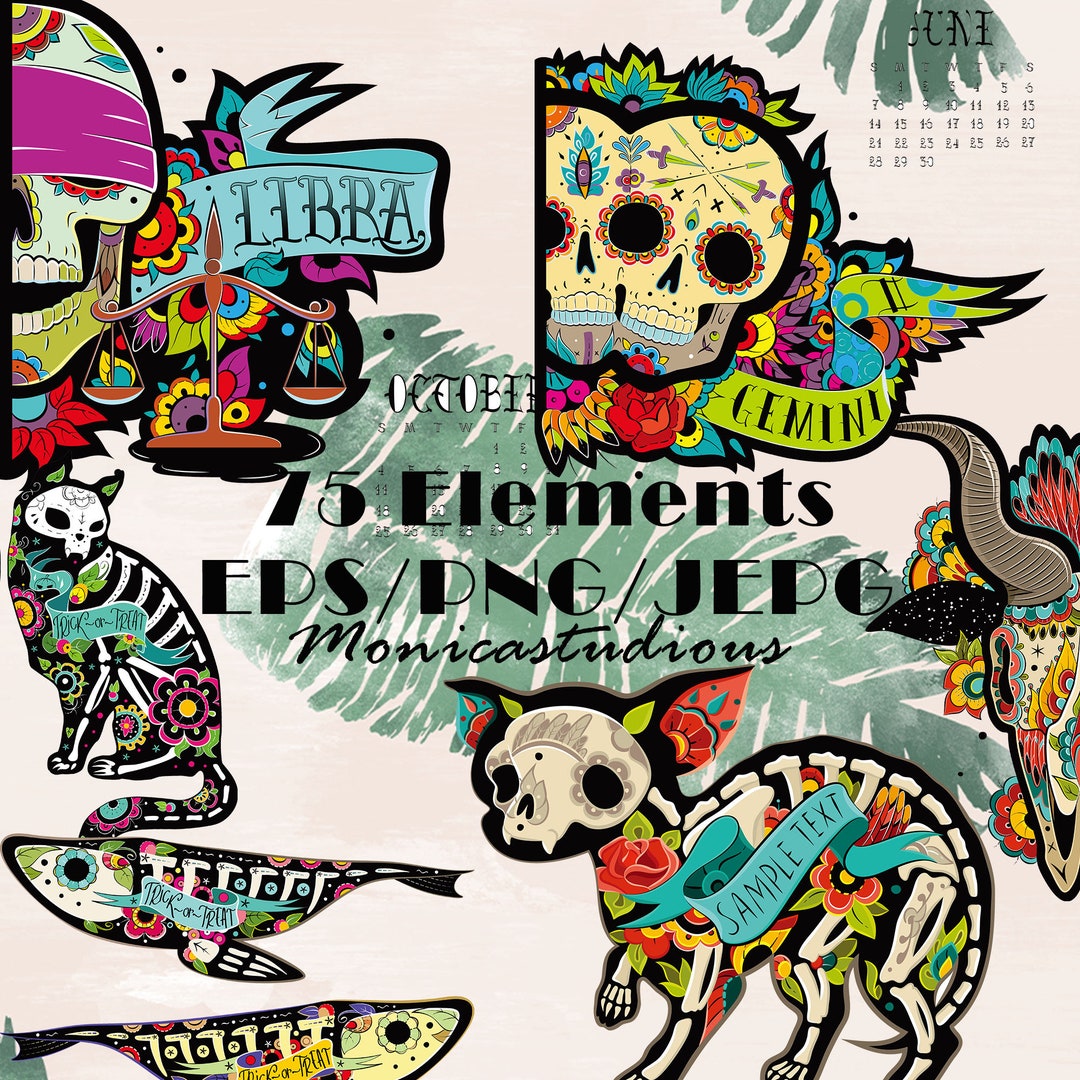 Animal Sugar Skull Eps/png Mexican Clipart With Calendar , Day of the ...