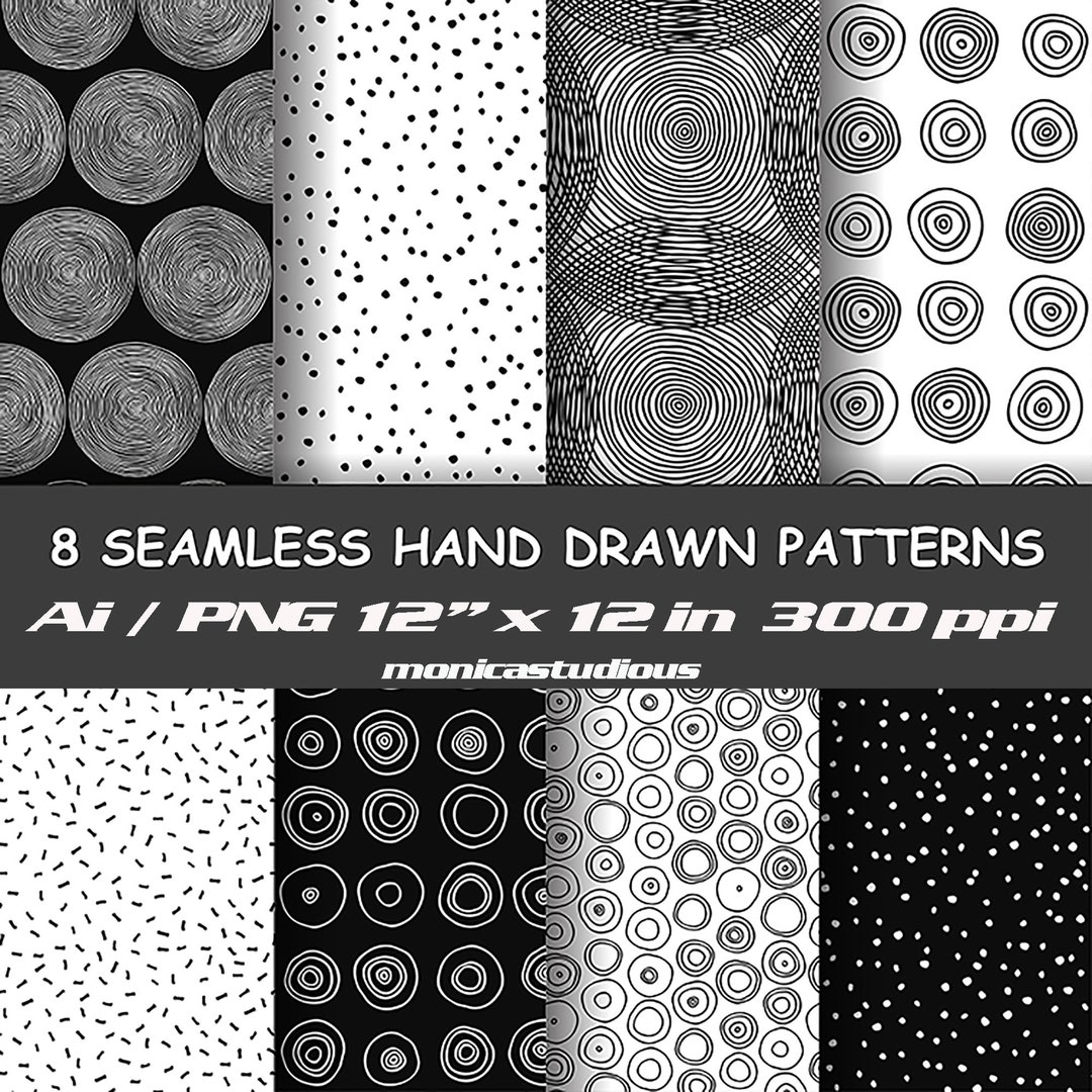 8 Hand Drawn Seamless Patterns PNG /ai Bundle, Black and White 8 PNG ...