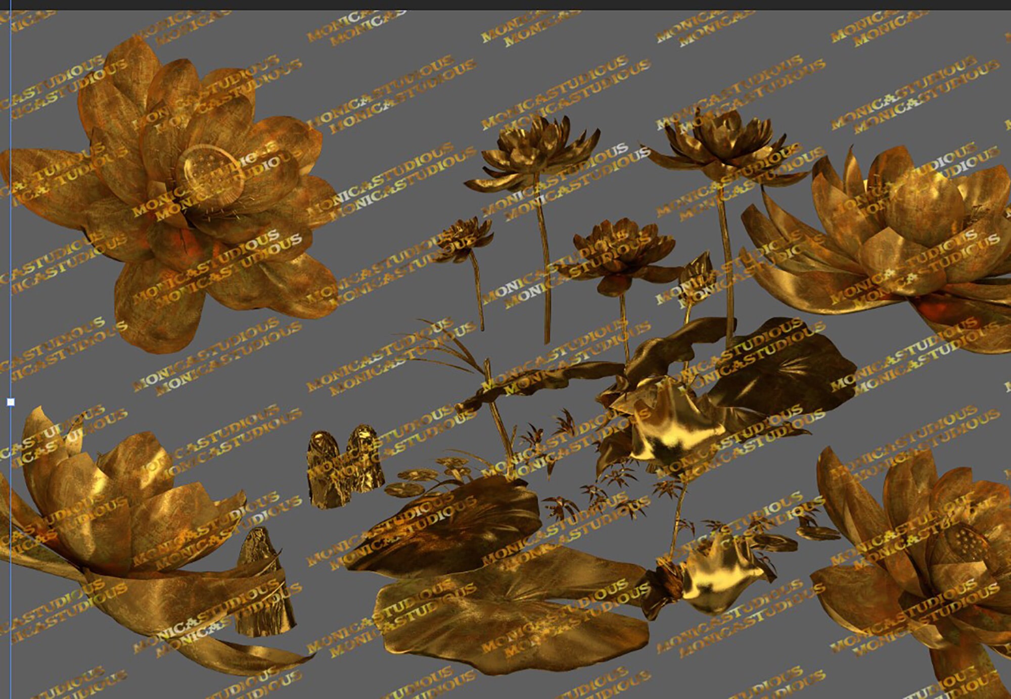 3D Copper Color Lotus Flower Lotus Leaf and Rockery Decorations Digital ...