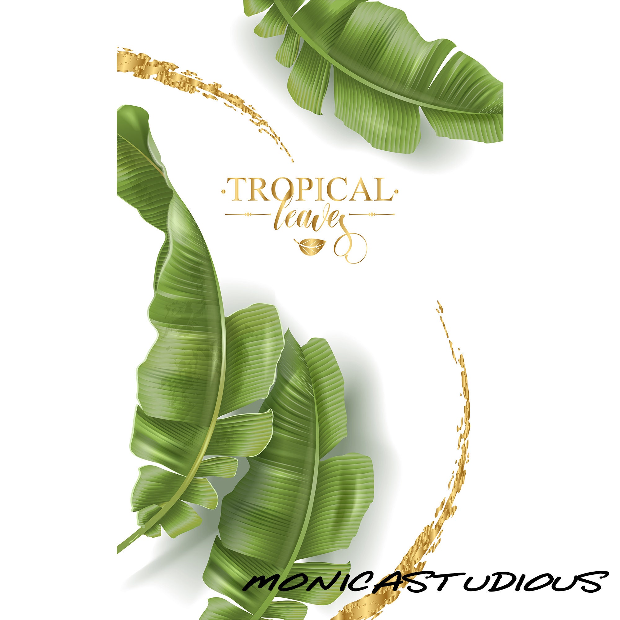 AI Green and Gold Tropical Leaves Clipart,gold Foil Tropical Leaf PNG ...