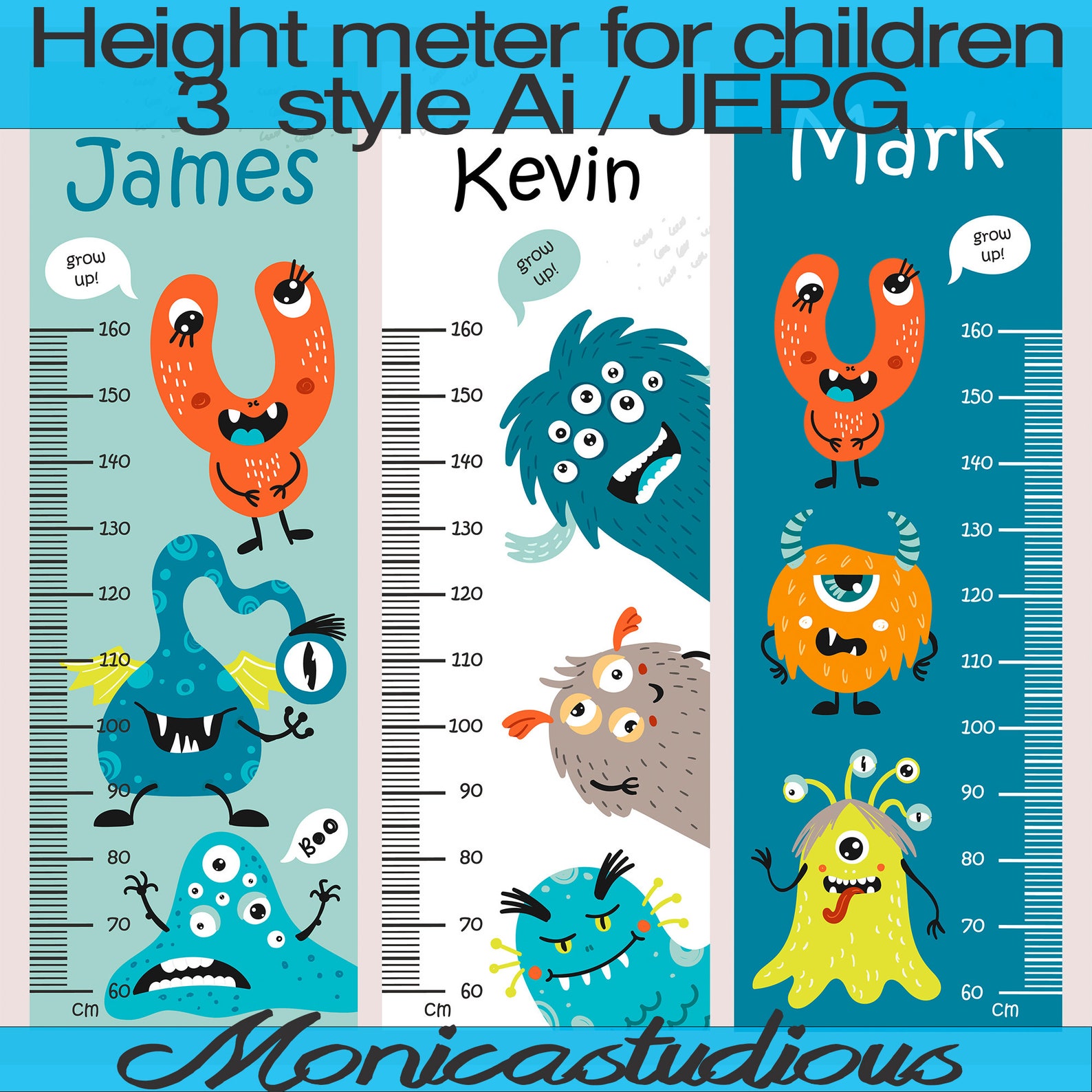 Kid Height Chart 3 Pattern Bundles Ai /growth Chart Design for | Etsy