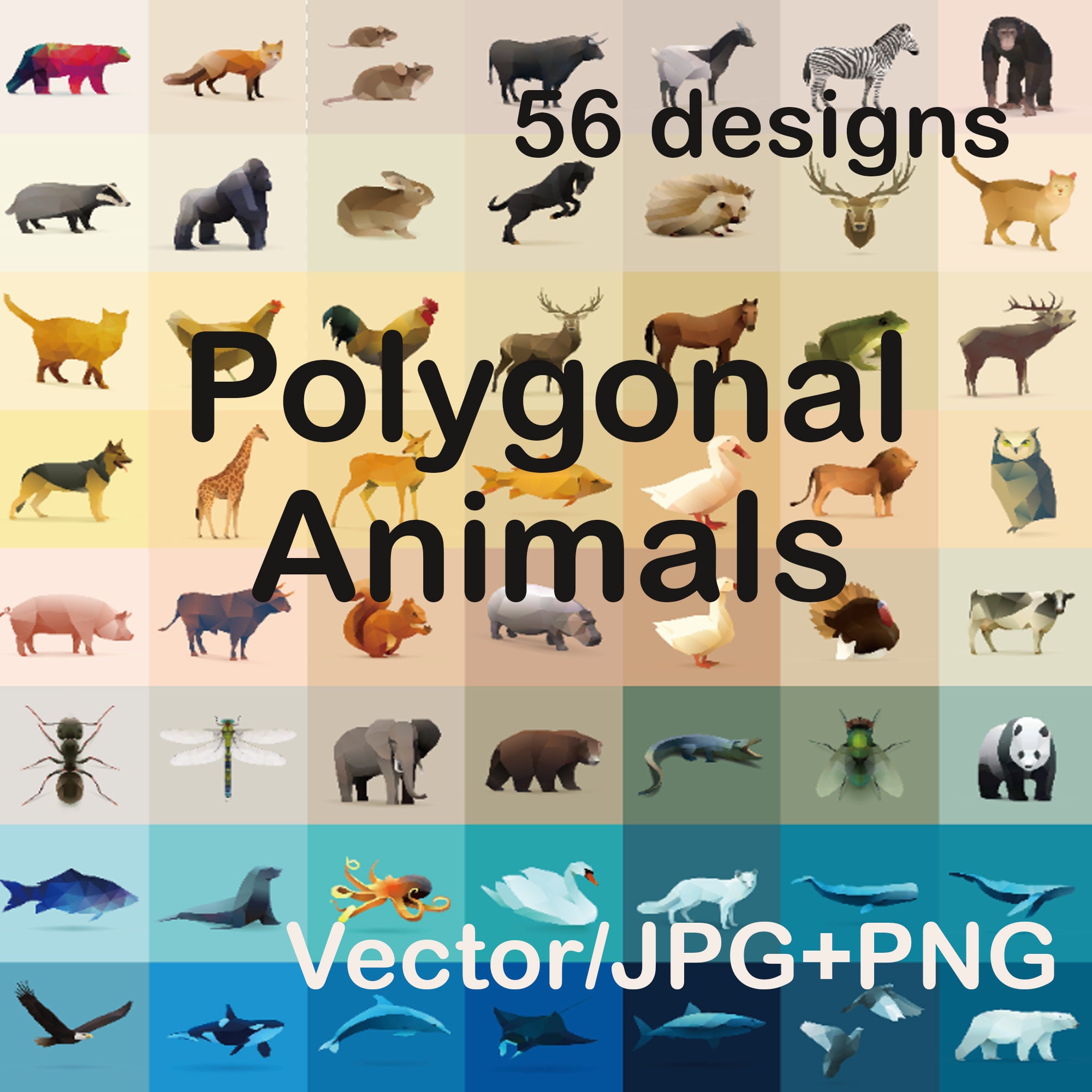 Polygonal Animals /vector Set of 56 Animals Icons Low Poly, Low Poly ...