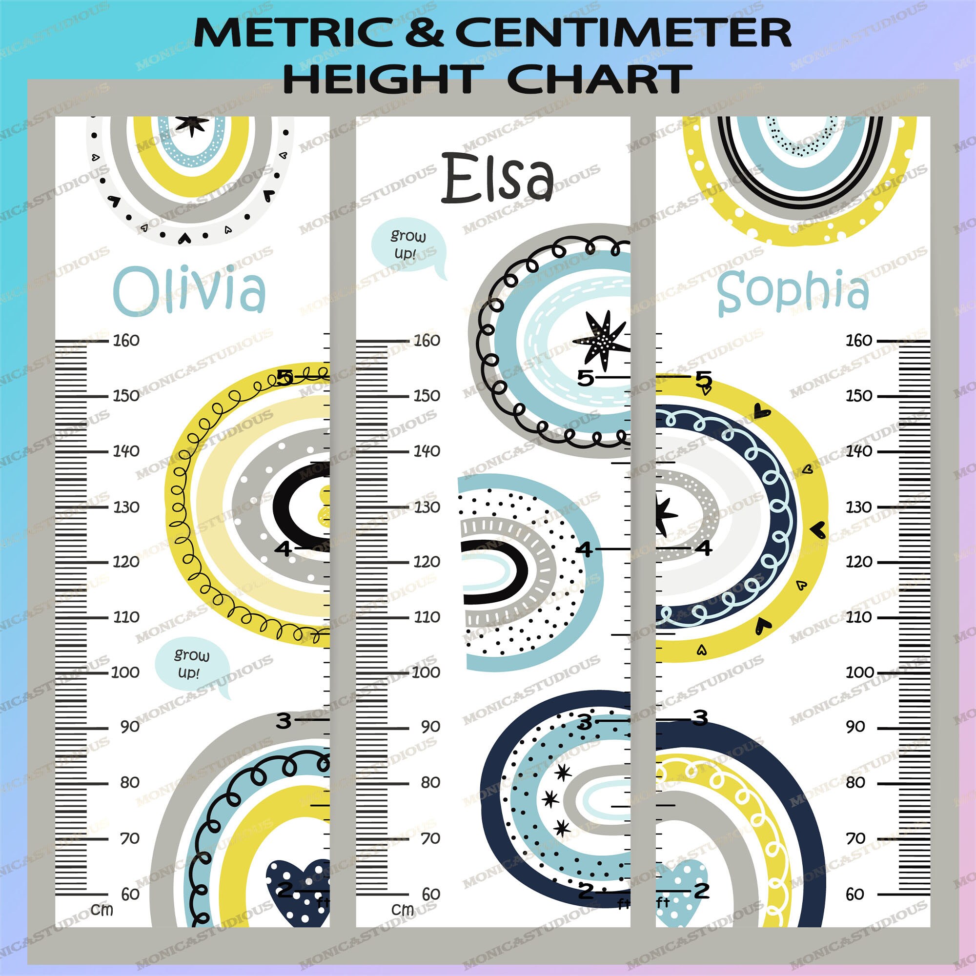 Cute Rainbow Kid Height Chart 3 Pattern Bundles Ai/png/growth Chart ...