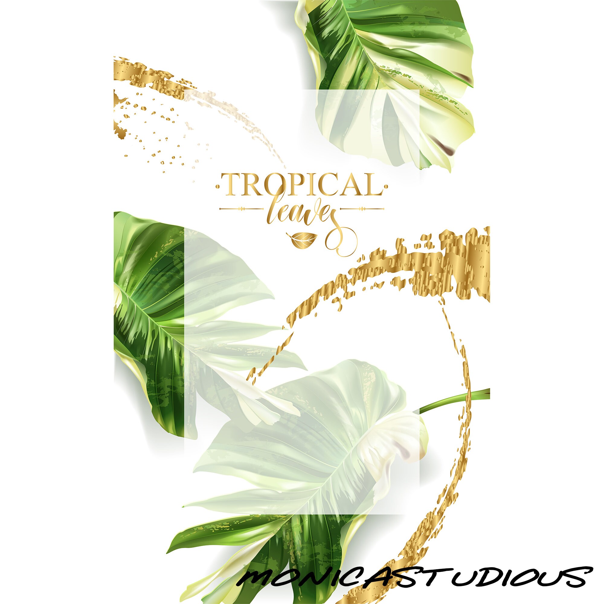 AI Green and Gold Tropical Leaves Clipart,gold Foil Tropical Leaf PNG ...