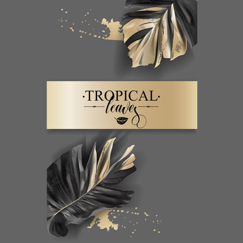 Black and Gold Tropical Leaves Clipart, Gold Foil Tropical Leaf PNG ...