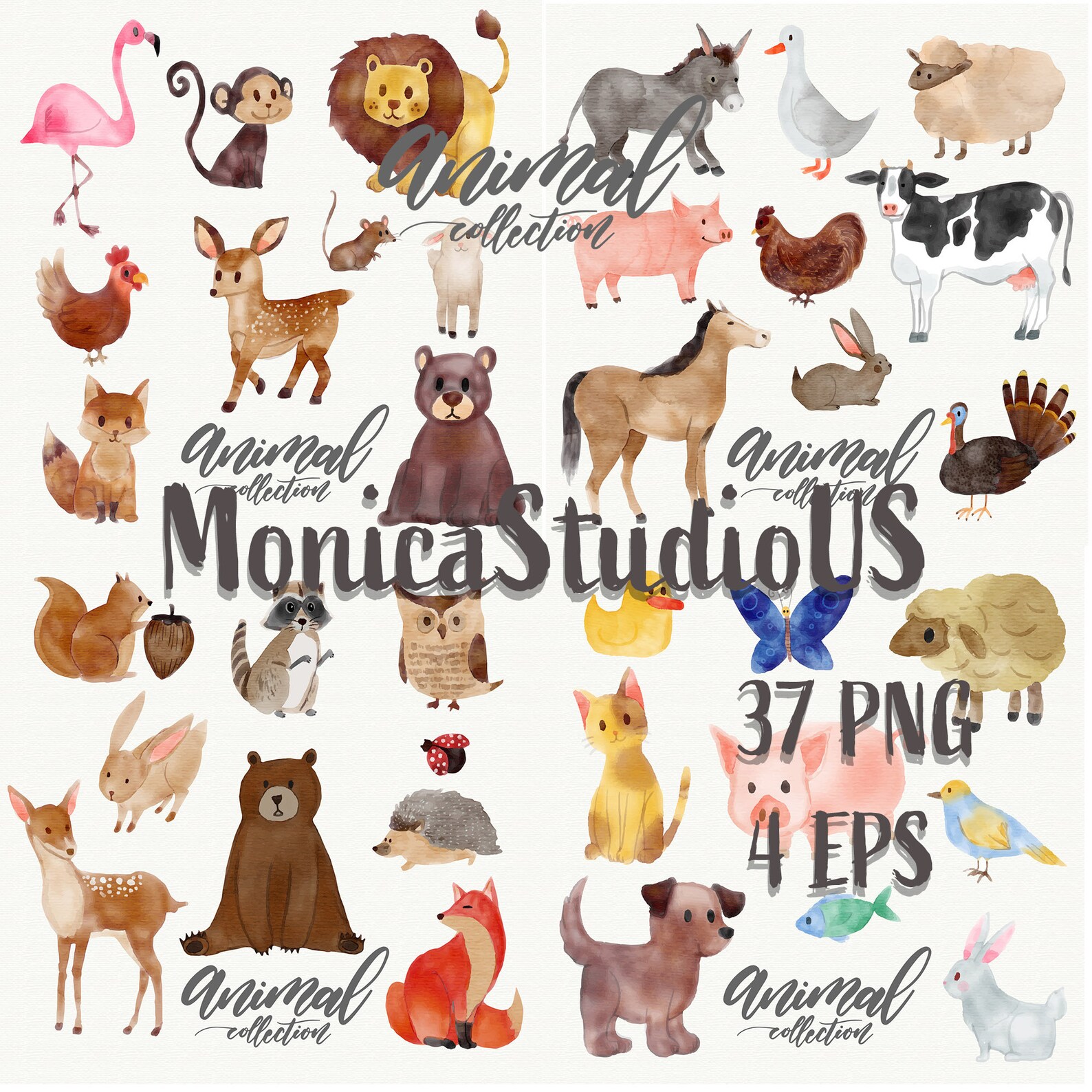 Cute Animals Face Clipart /instant Download PNG File/37 Cartoon Animals ...