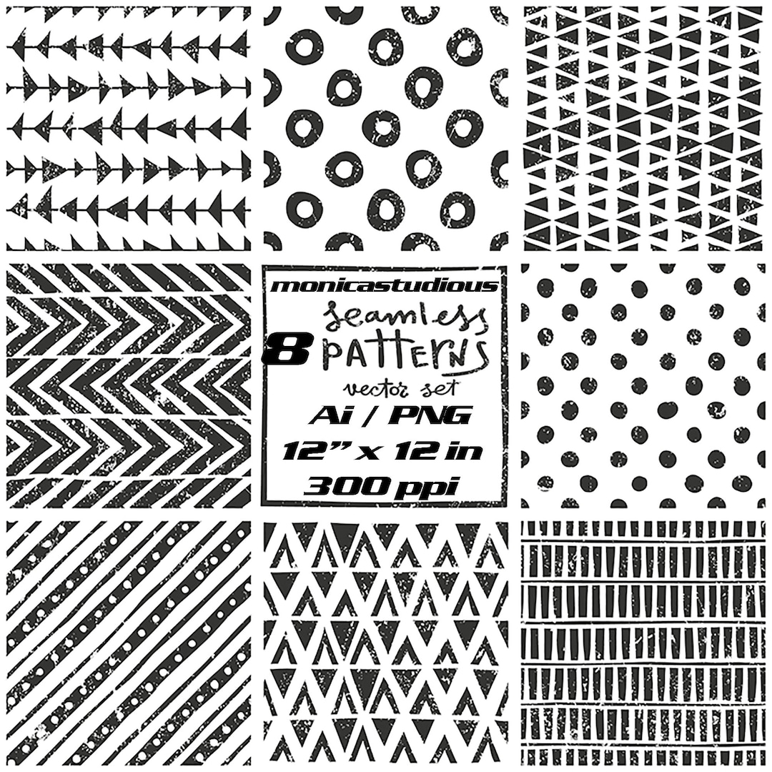 8 Hand Drawn Seamless Patterns PNG /ai Bundle, Black and White 8 PNG ...