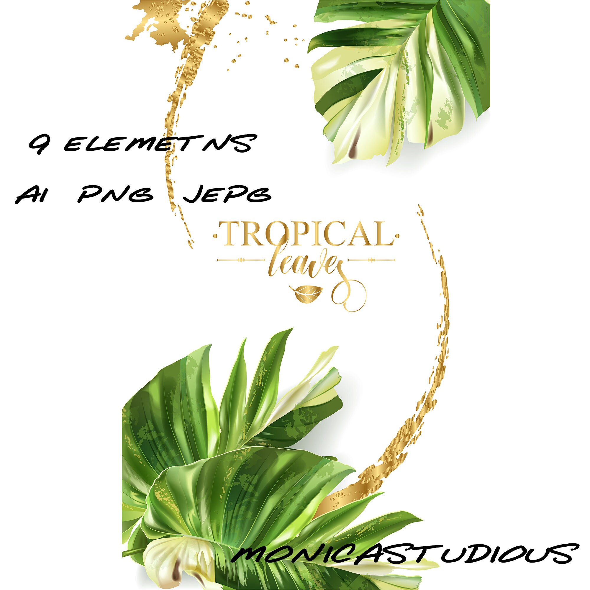 AI Green and Gold Tropical Leaves Clipart,gold Foil Tropical Leaf PNG ...