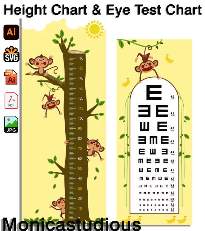 Kids Growth Chart & Eye Test Chart: Monkey Theme (digital Download) - Etsy