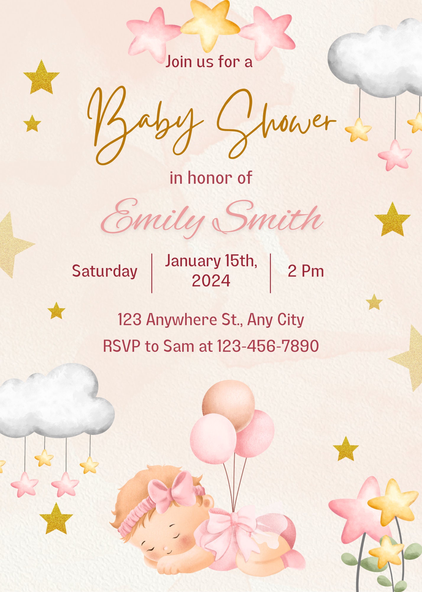 Baby Shower Invitation, Girl, Pink, Template - Etsy