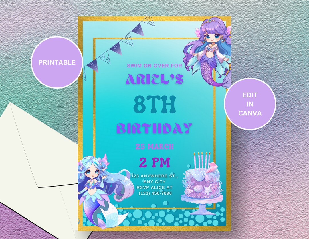 Mermaid Birthday Invitation 4, Printable, Template - Etsy