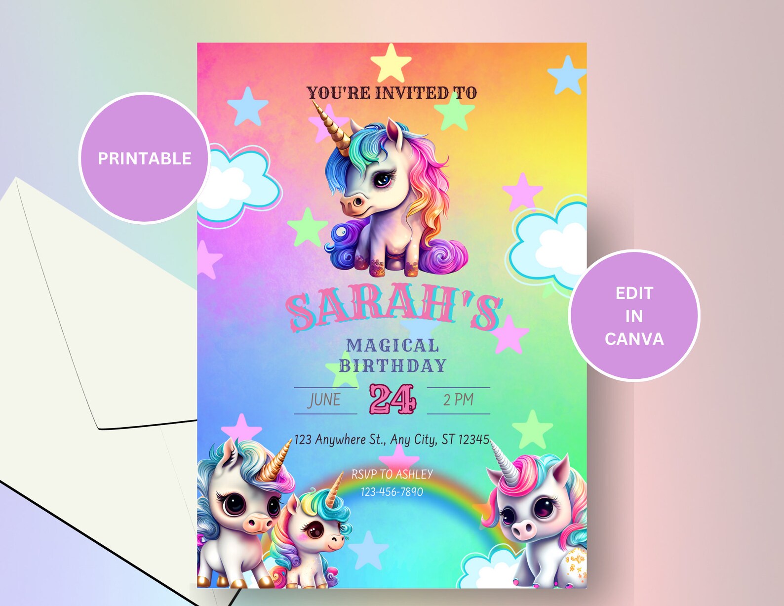 Unicorn Birthday Invitation, Rainbow, Printable, Instant Download ...