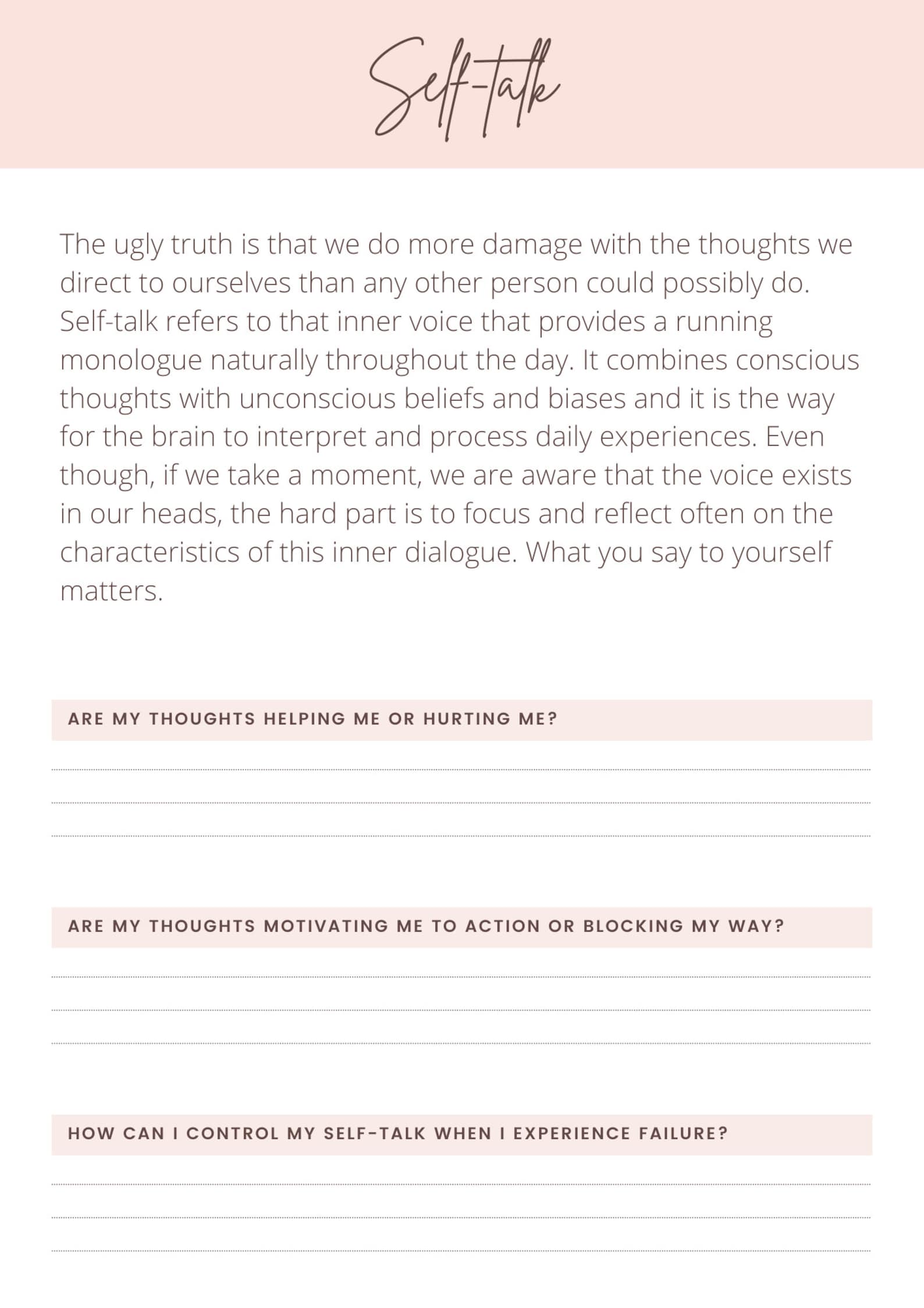 Self-talk Therapy Worksheet, Mental Health, Therapy Journal, Self Talk ...