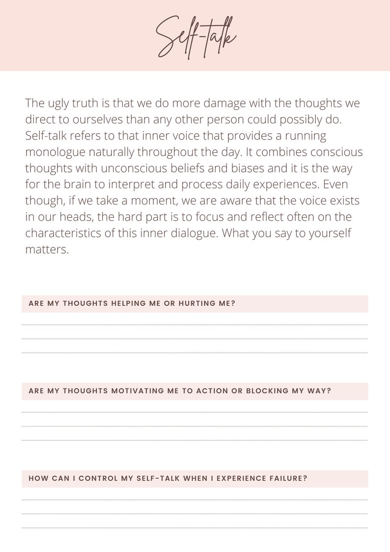 Self-talk Therapy Worksheet, Mental Health, Therapy Journal, Self Talk ...