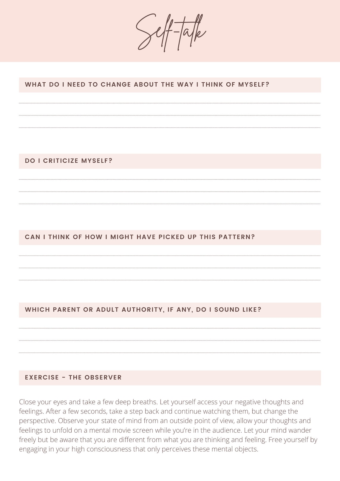 Self-talk Therapy Worksheet, Mental Health, Therapy Journal, Self Talk ...