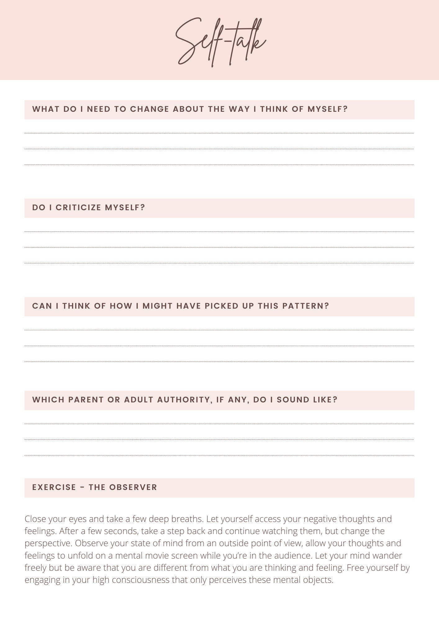 Self-talk Therapy Worksheet, Mental Health, Therapy Journal, Self Talk ...
