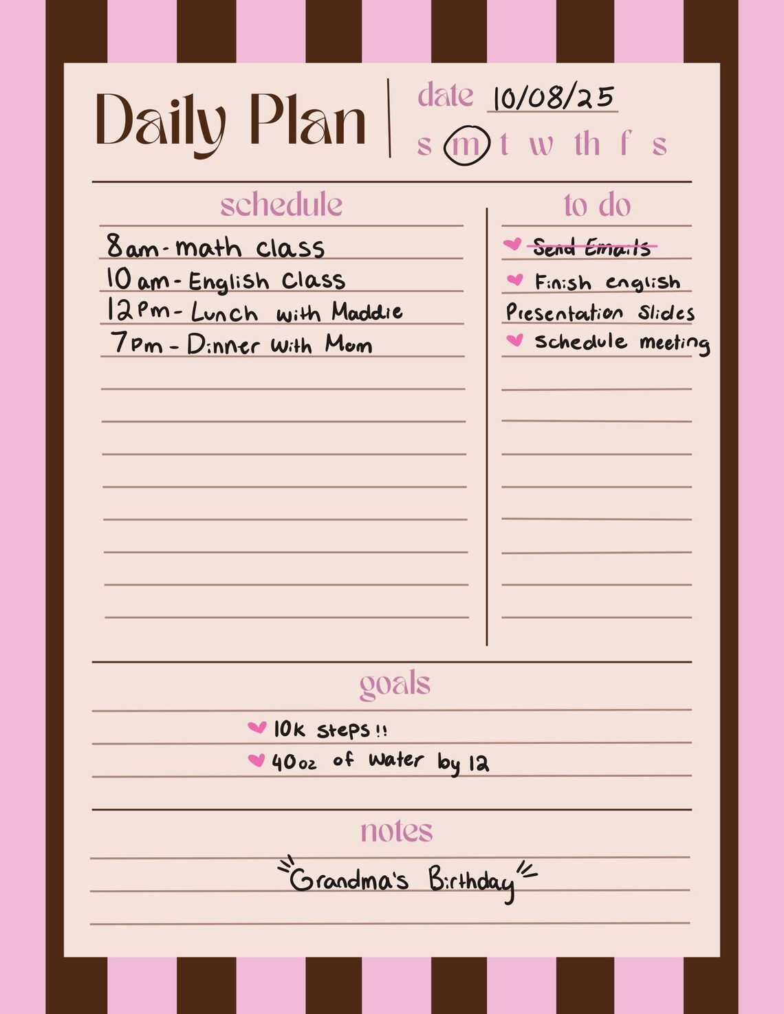 Weekly Planner Template in Brown and Pink Stripes - Etsy