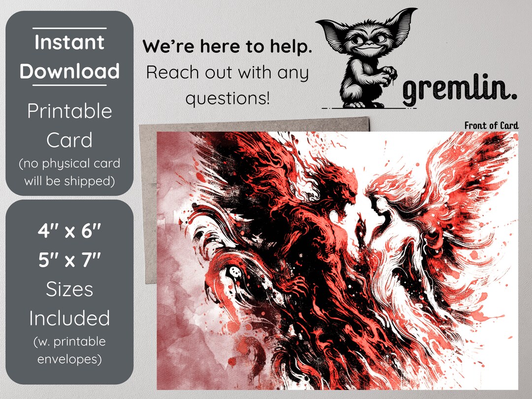 Demon Angel Couple Printable Card Printable Heaven Couples Love 4x6 ...