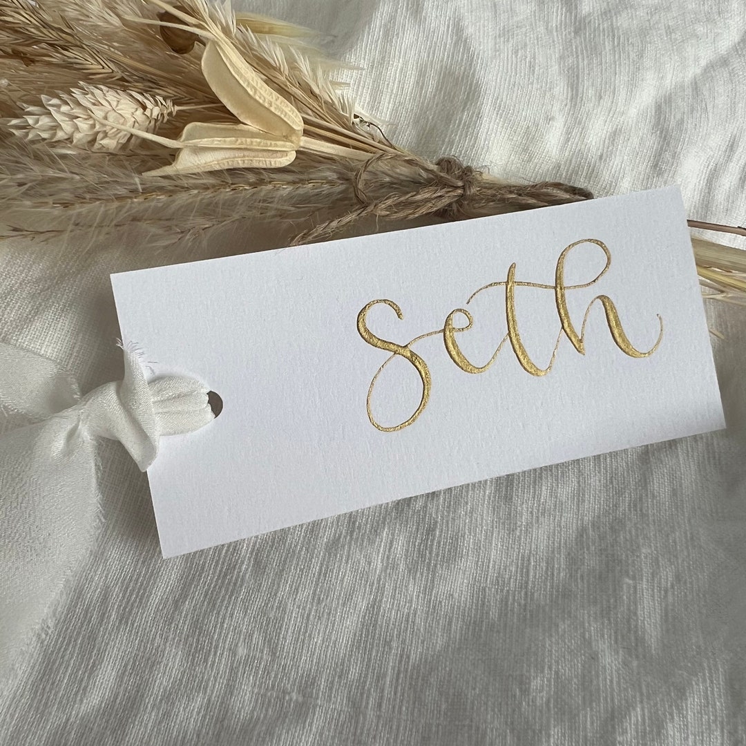 Calligraphy Place Cards / White Flat Name Cards Gold Ink / Ribbon ...