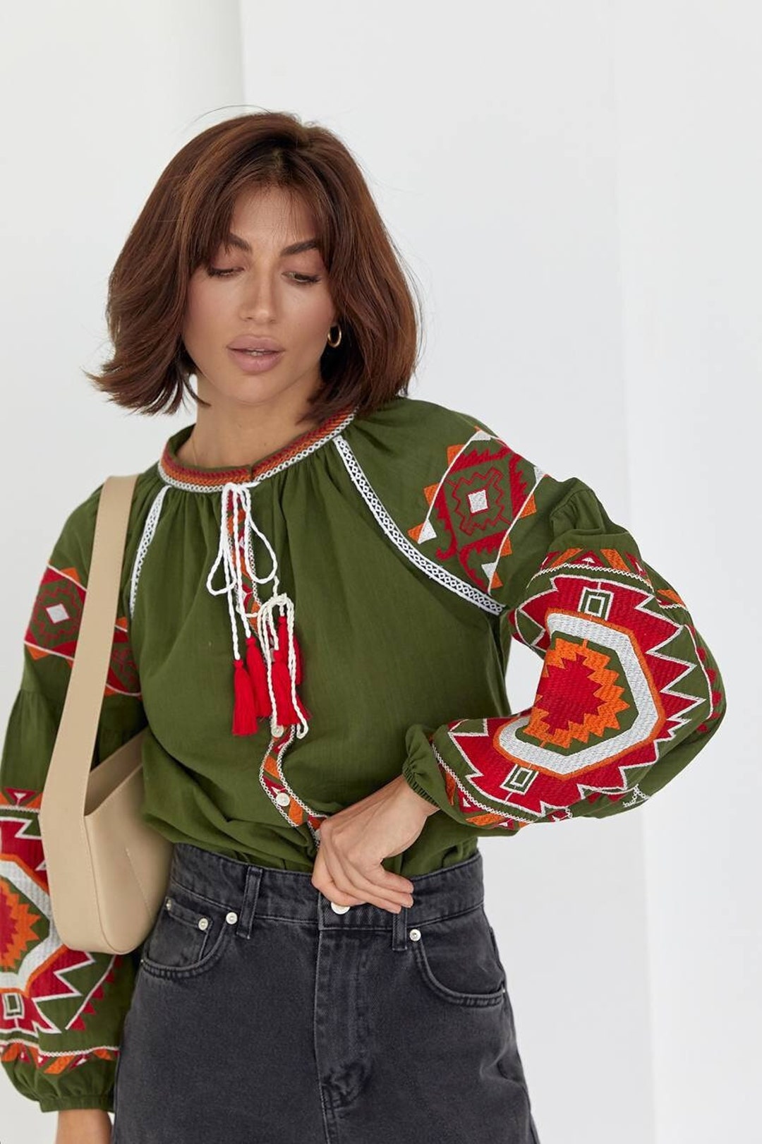 Ukraine Embroidered Blouse,khaki Embroidered Vishivanka,ukraine Blouse ...
