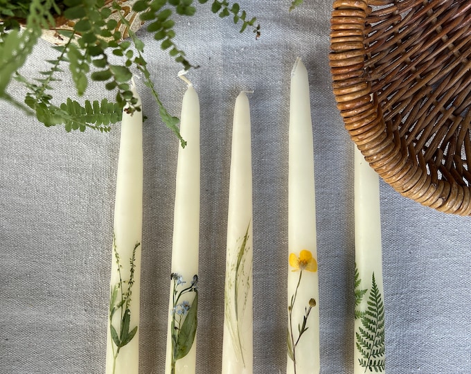 One Single Botanical Taper Candle, Pressed Flower Boho Candle, 10”taper ...