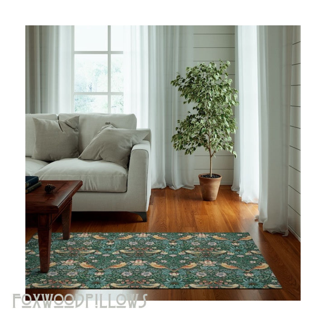 William Morris Rug: Green Strawberry Thief Floral Chenille Rug - Etsy