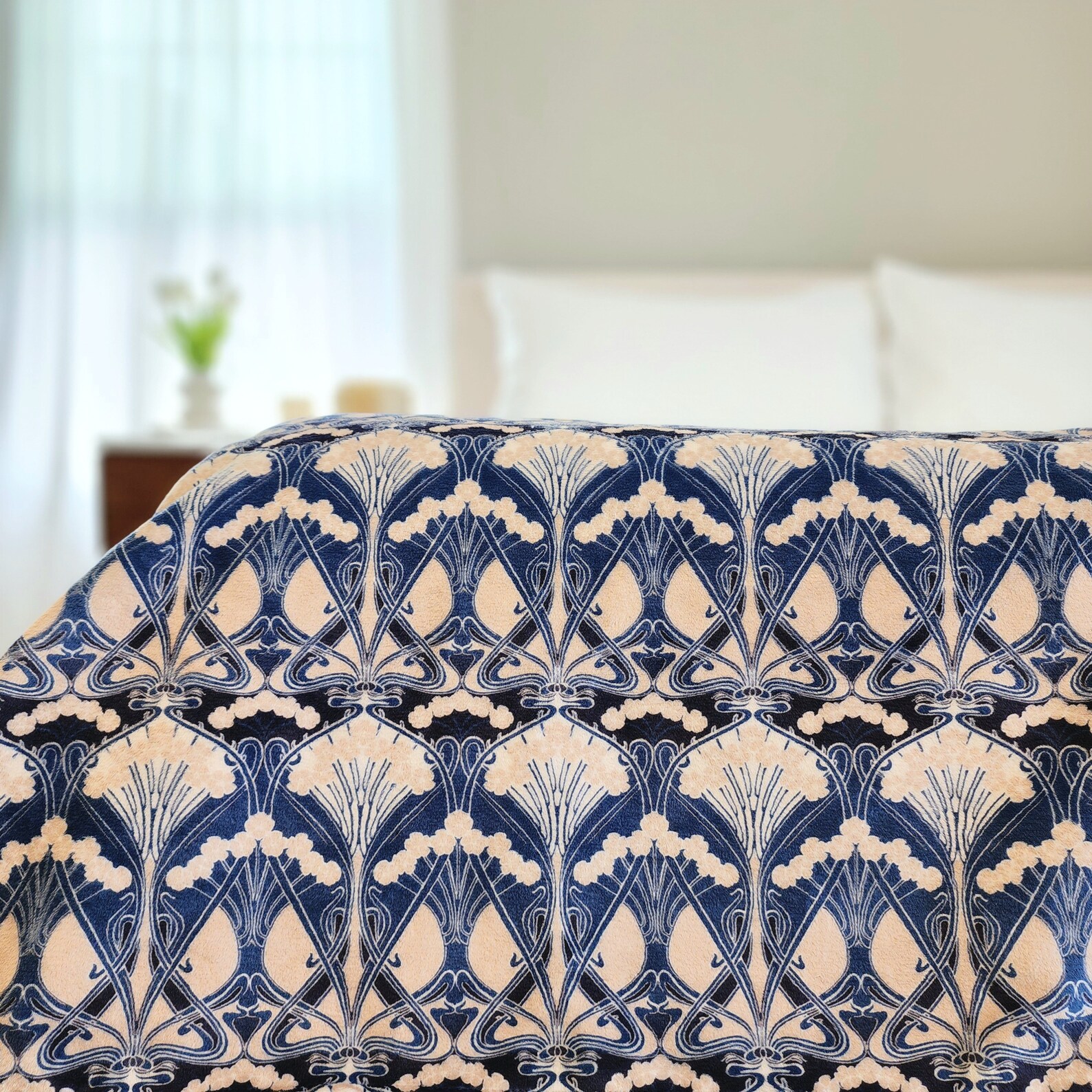 Blue Floral Sherpa Fleece Blanket: Art Nouveau Throw, René Beauclair ...