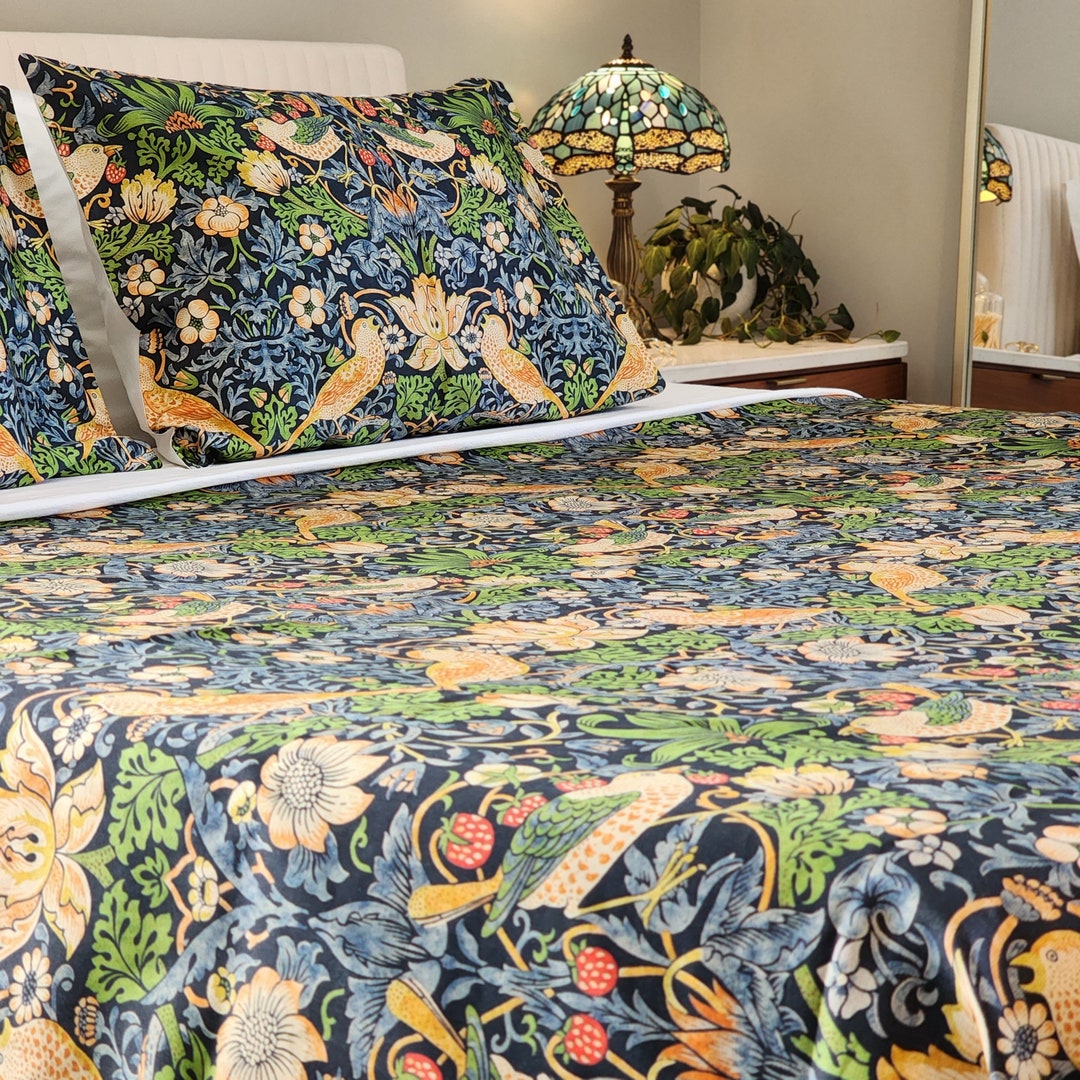 William Morris Strawberry Thief Duvet Cover: Indigo Sage Cotton Sateen ...